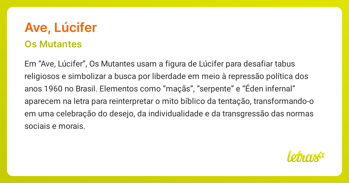 Significado da música AVE, LÚCIFER (Os Mutantes) - LETRAS.MUS.BR