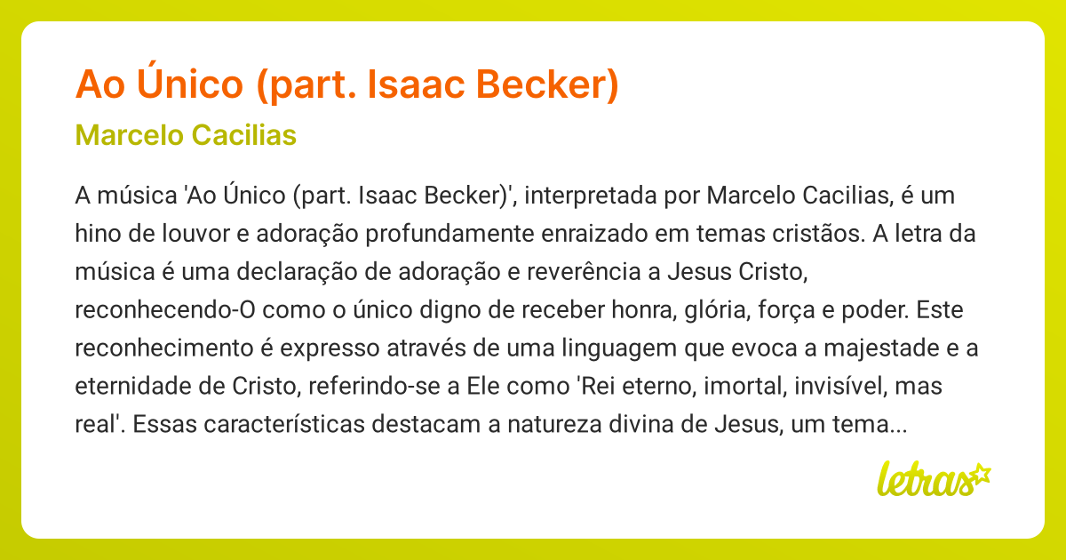 Significado da música AO ÚNICO (PART. ISAAC BECKER) (Marcelo Cacilias ...