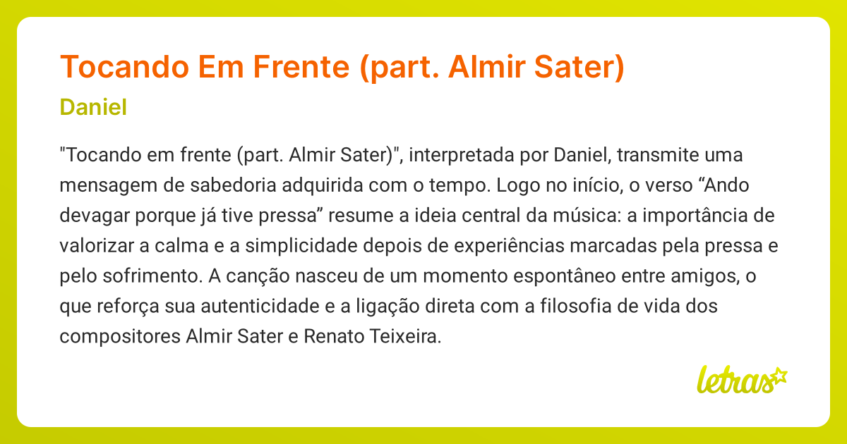 Significado da música Tocando Em Frente (part. Almir Sater) (Daniel ...