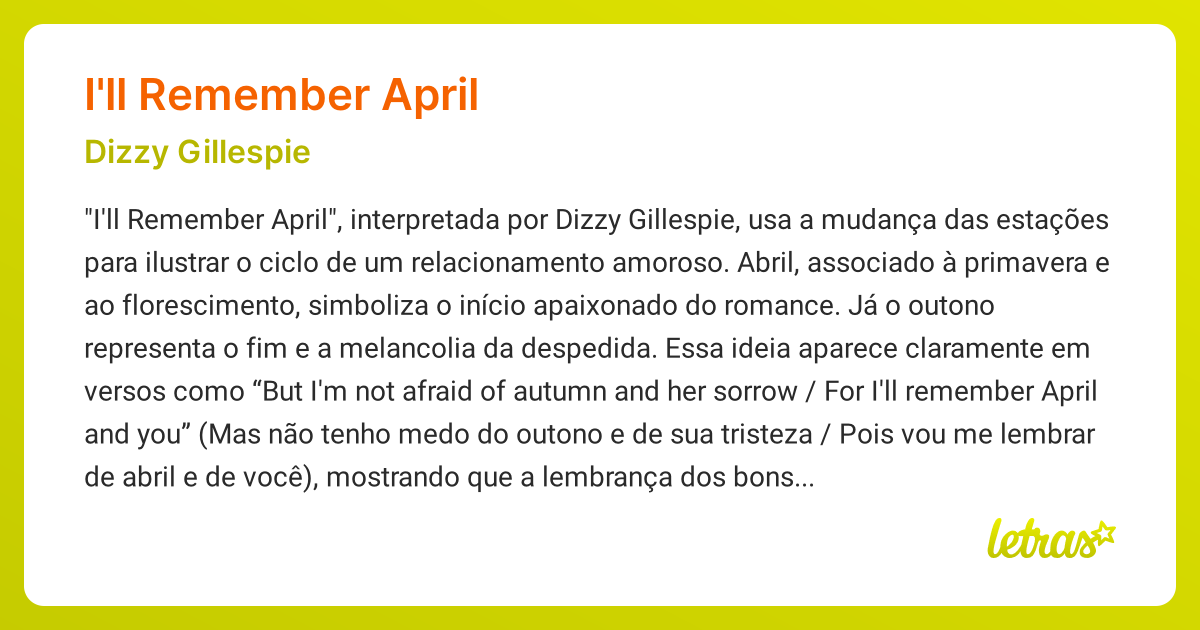 Significado da música I'LL REMEMBER APRIL (Dizzy Gillespie) - LETRAS.MUS.BR