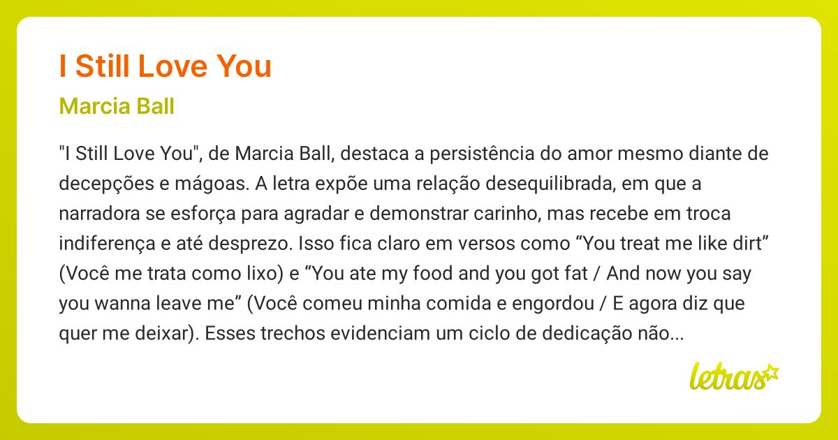 Significado da música I STILL LOVE YOU (Marcia Ball) - LETRAS.MUS.BR
