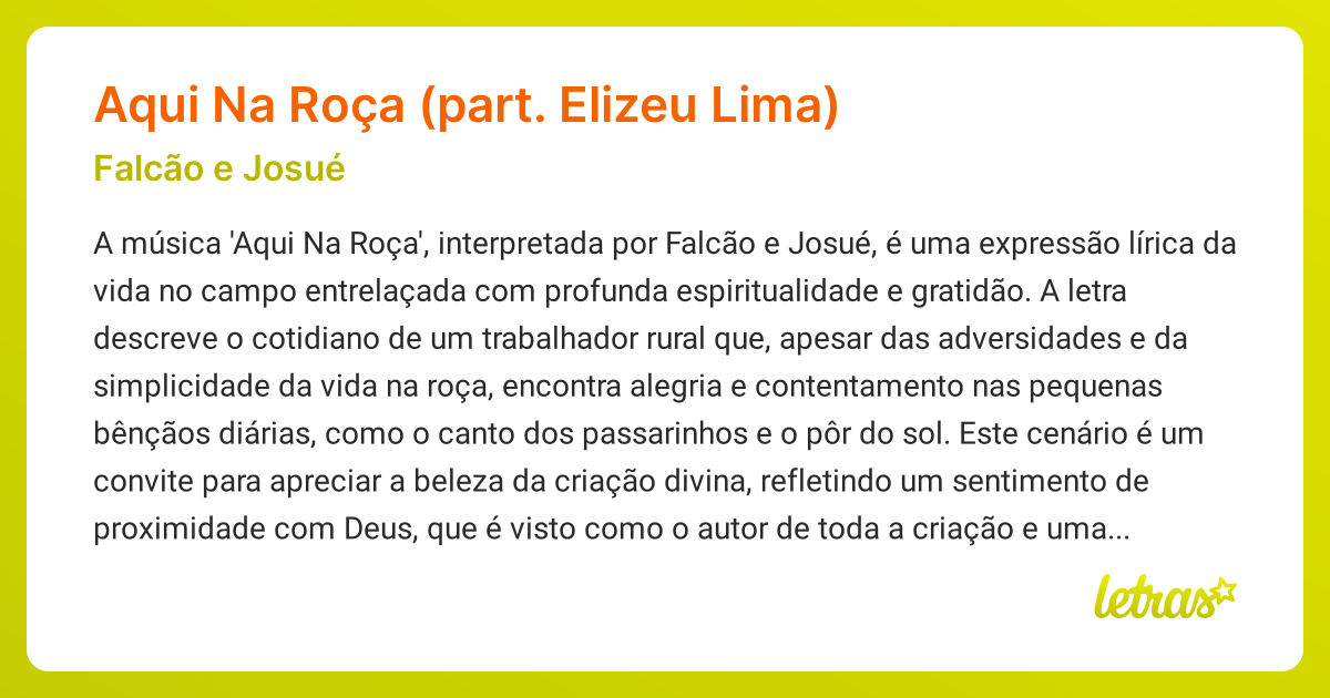 Significado da música Aqui Na Roça (part. Elizeu Lima) (Falcão e Josué ...