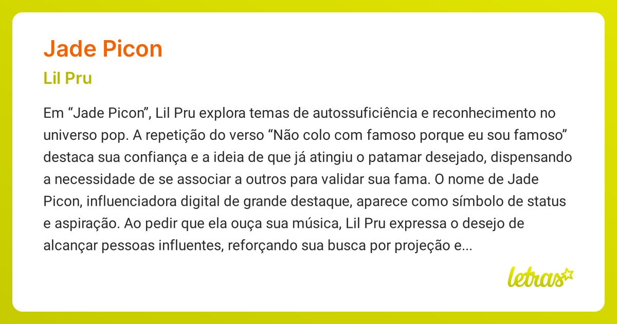 Significado da música JADE PICON (Lil Pru) - LETRAS.MUS.BR