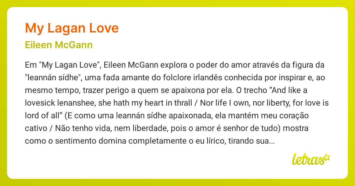 Significado da música MY LAGAN LOVE (Eileen McGann) - LETRAS.MUS.BR