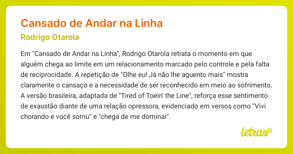 Significado da música CANSADO DE ANDAR NA LINHA (Rodrigo Otarola ...