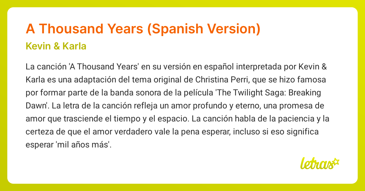 Significado de la canción A Thousand Years (Spanish Version) (Kevin ...