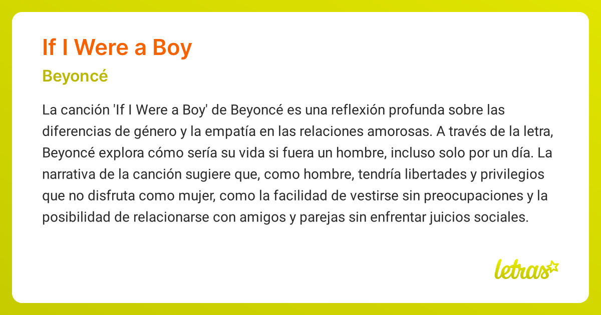 Significado de la canción IF I WERE A BOY (Beyoncé) - LETRAS.COM