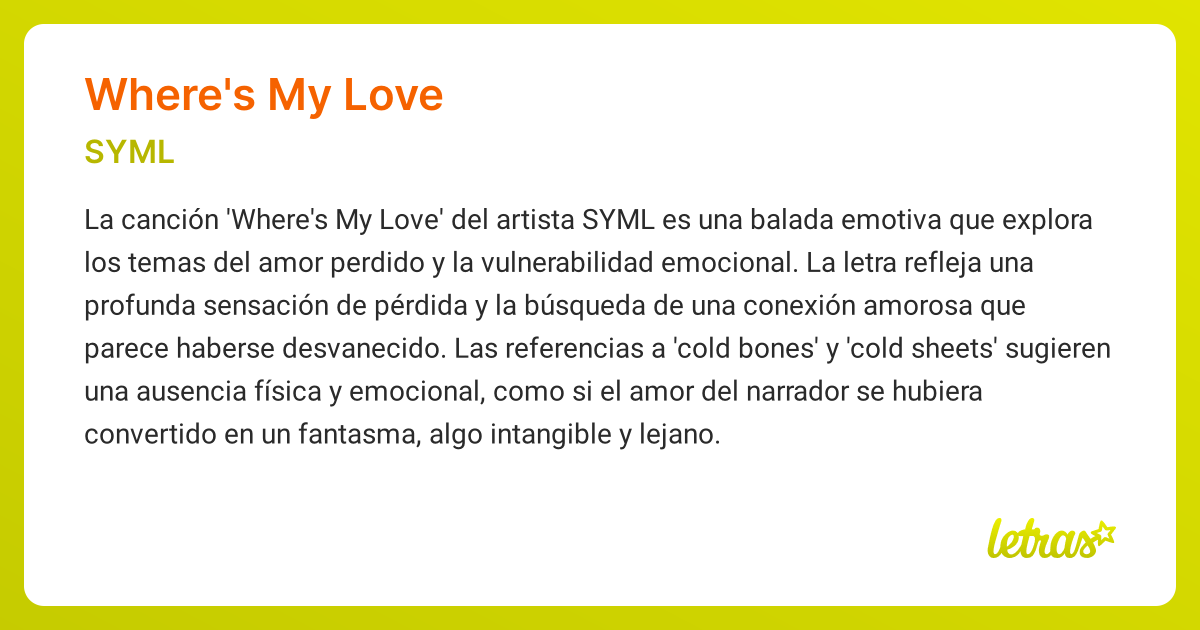 Significado de la canción WHERE'S MY LOVE (SYML) - LETRAS.COM