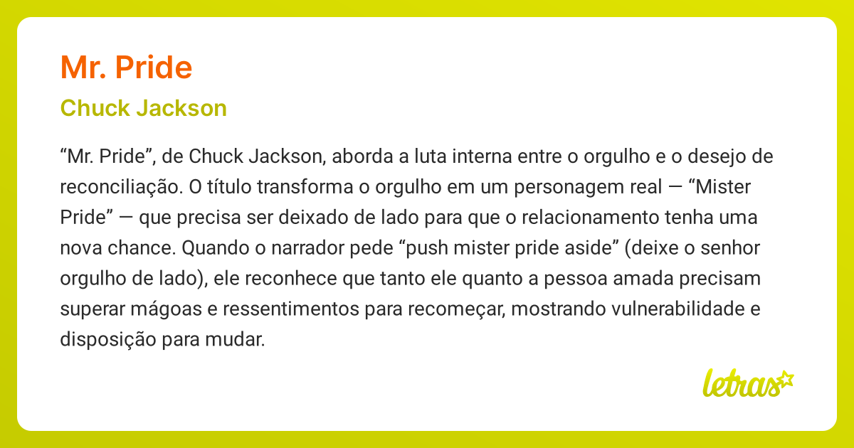 Significado da música MR. PRIDE (Chuck Jackson) - LETRAS.MUS.BR
