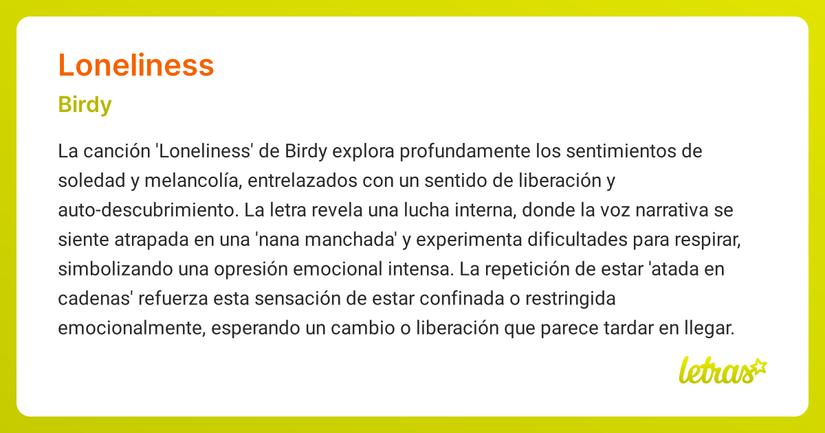 Significado de la canción LONELINESS (Birdy) - LETRAS.COM