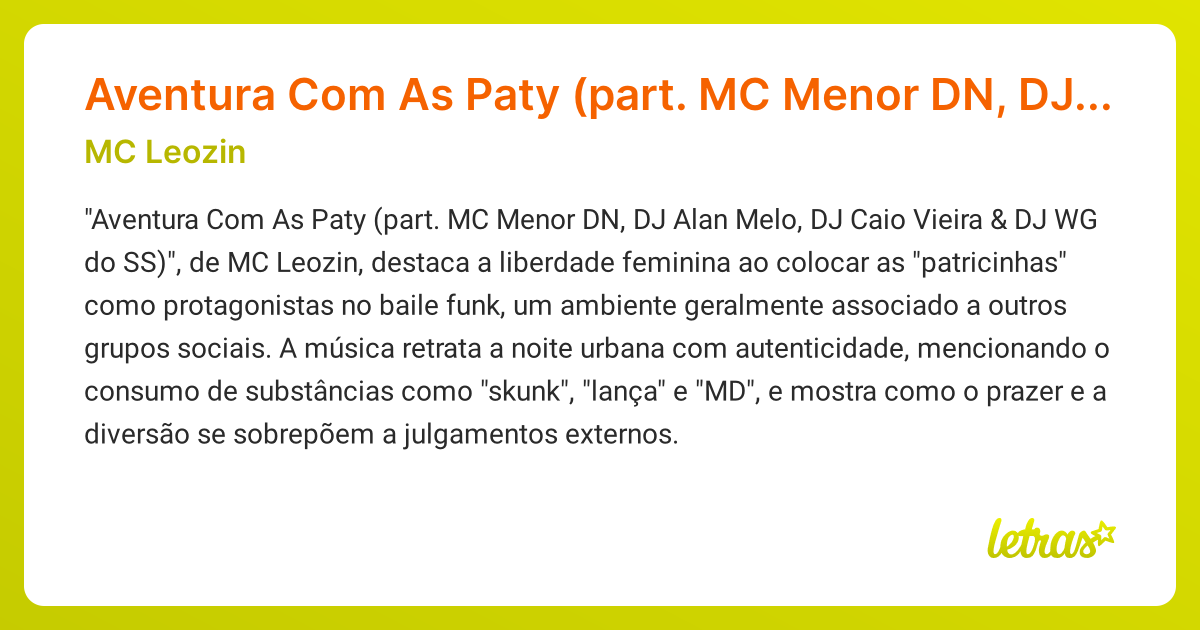 Significado da música Aventura Com As Paty (part. MC Menor DN, DJ Alan ...