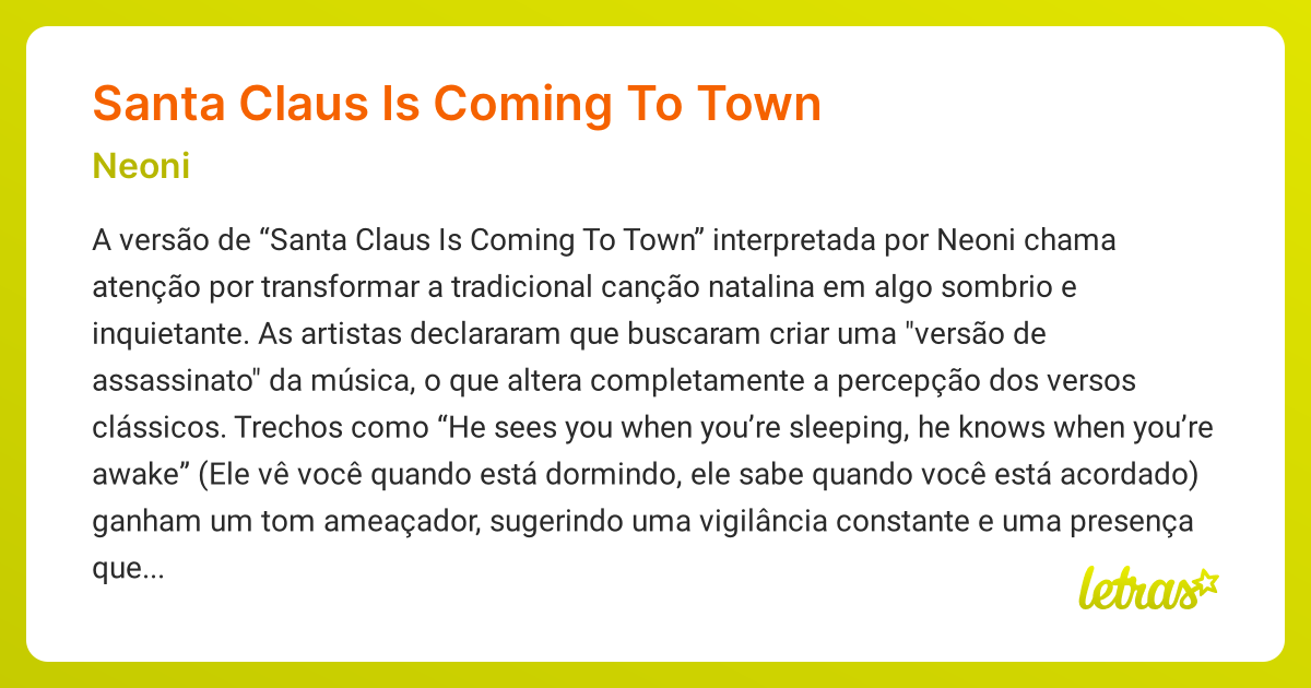 Significado da música SANTA CLAUS IS COMING TO TOWN (Neoni) - LETRAS.MUS.BR