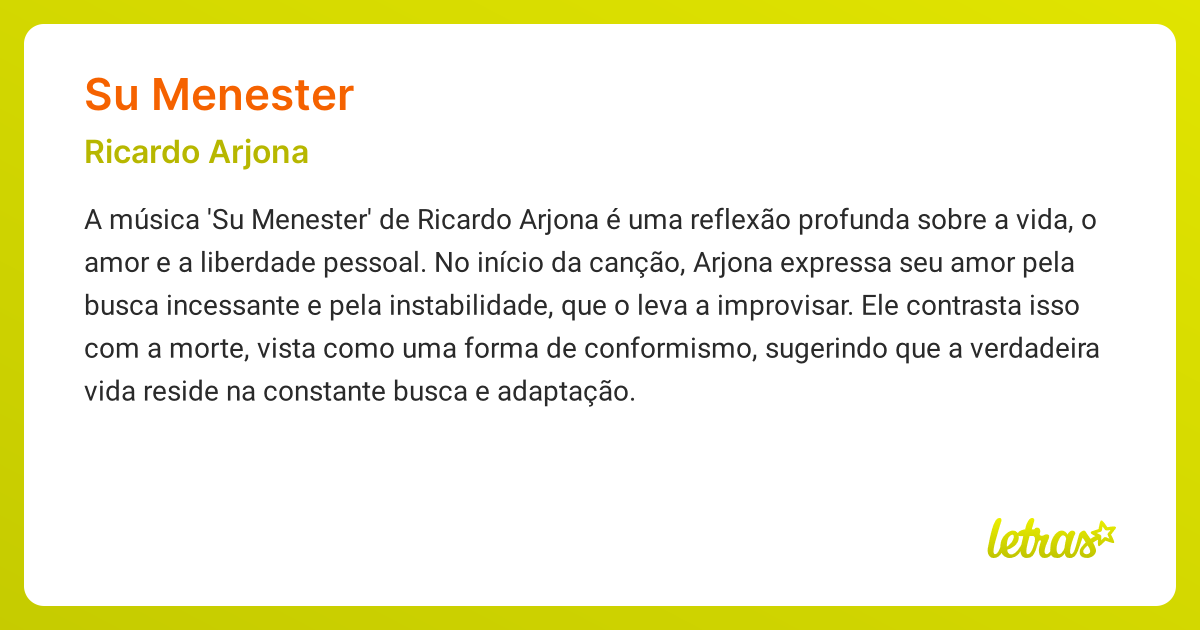 Significado da música SU MENESTER (Ricardo Arjona) - LETRAS.MUS.BR