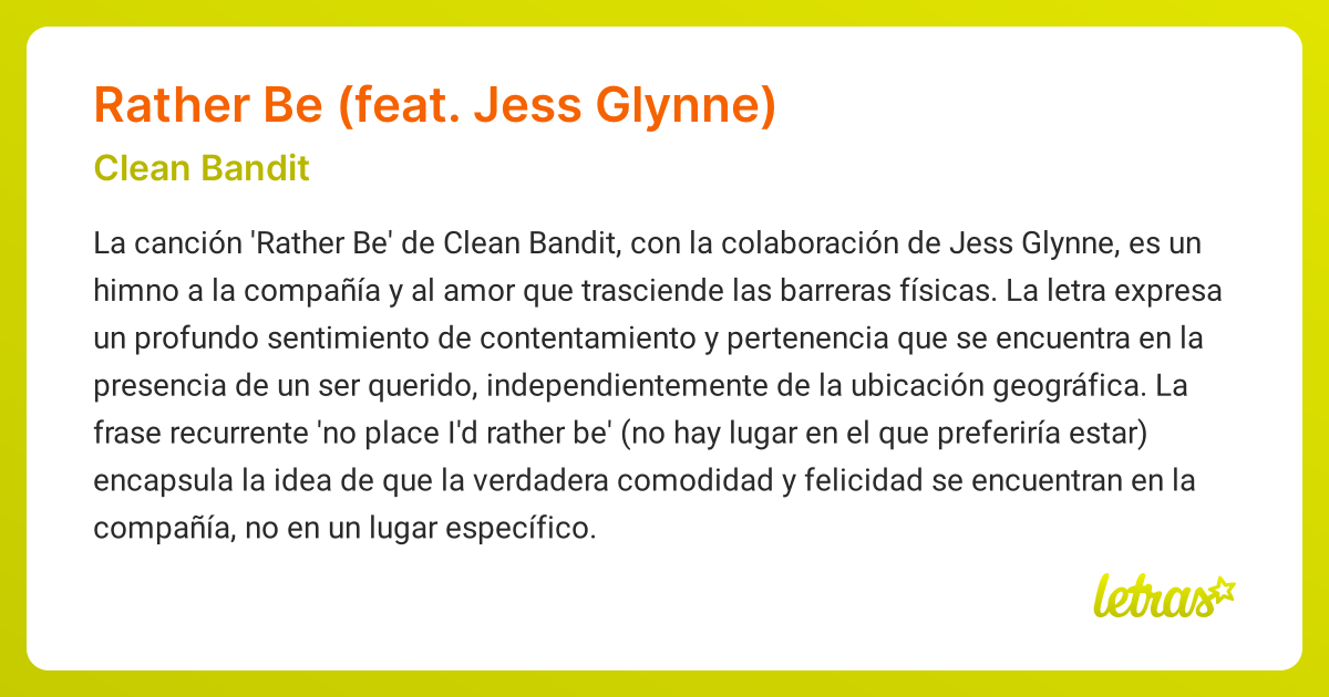 Significado de la canción RATHER BE (FEAT. JESS GLYNNE) (Clean Bandit ...