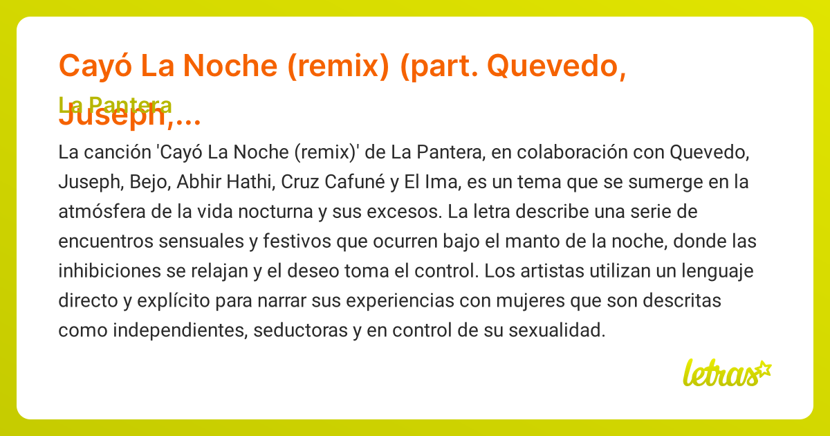 Significado de la canción Cayó La Noche (remix) (part. Quevedo, Juseph ...