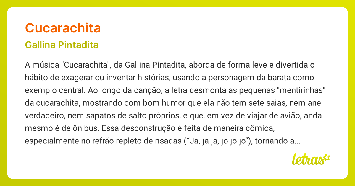 Significado da música CUCARACHITA (Gallina Pintadita) - LETRAS.MUS.BR