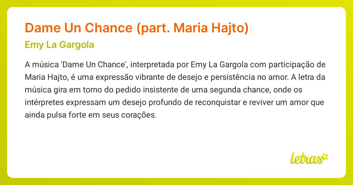 Significado da música Dame Un Chance (part. Maria Hajto) (Emy La ...