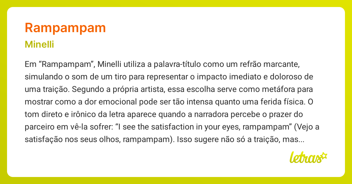 Significado da música RAMPAMPAM (Minelli) - LETRAS.MUS.BR