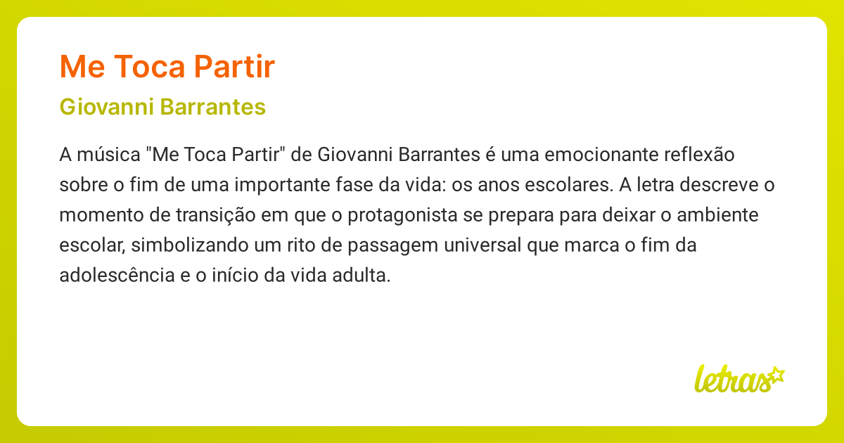 Significado da música ME TOCA PARTIR (Giovanni Barrantes) - LETRAS.MUS.BR
