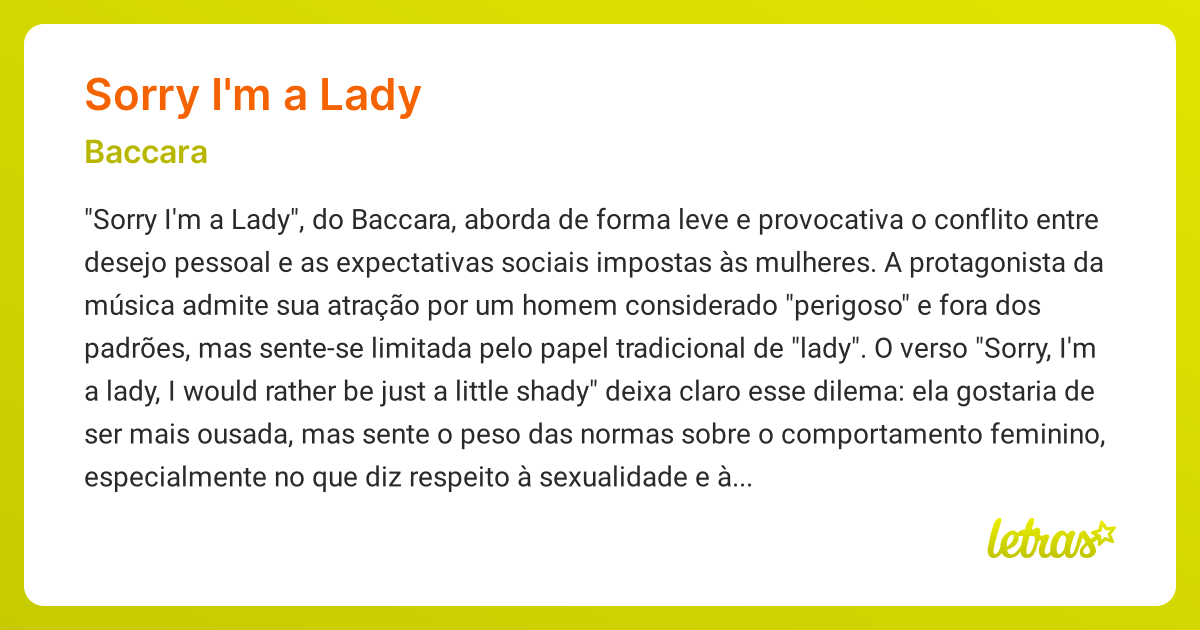 Significado da música SORRY I'M A LADY (Baccara) - LETRAS.MUS.BR