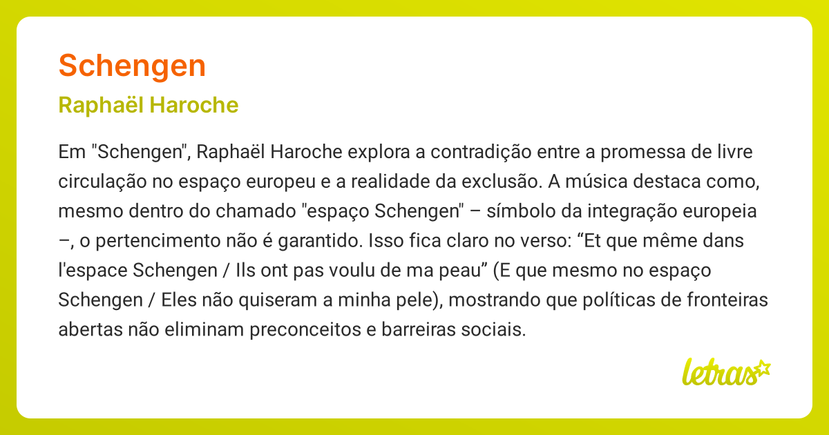 Significado da música SCHENGEN (Raphaël Haroche) - LETRAS.MUS.BR