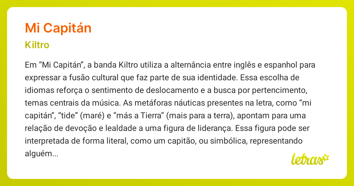 Significado da música MI CAPITÁN (Kiltro) - LETRAS.MUS.BR