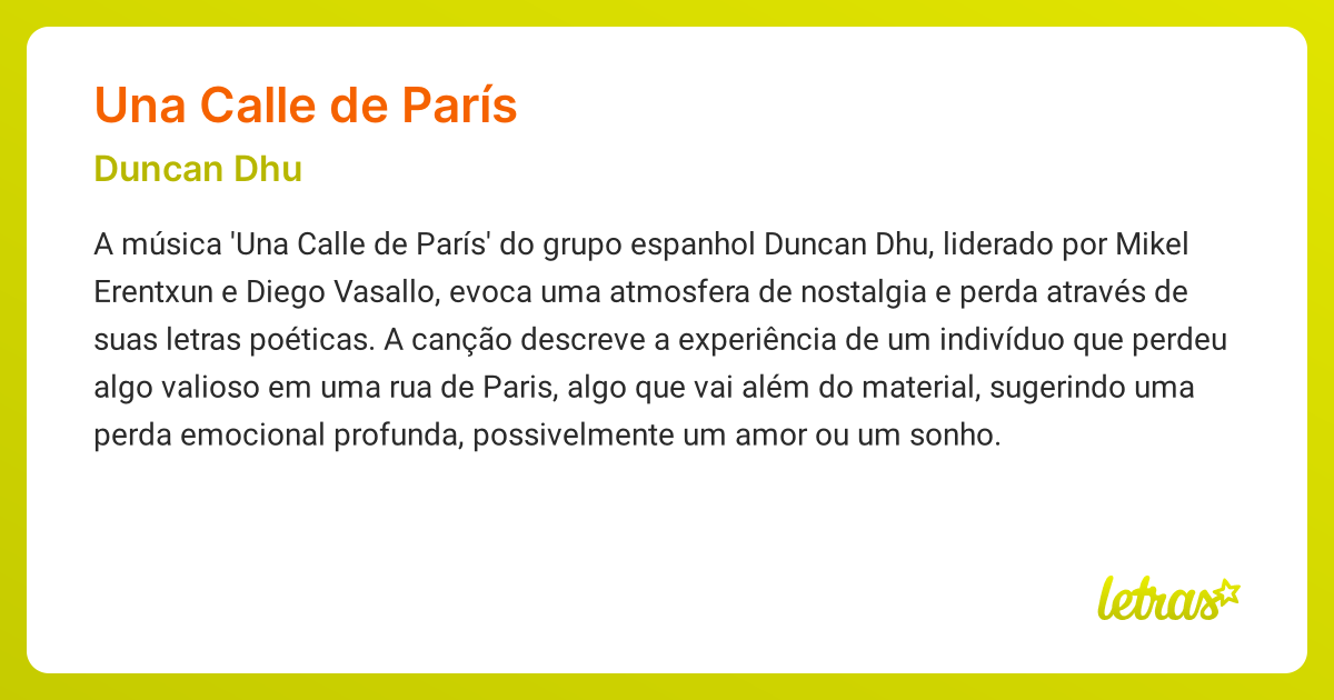 Significado da música UNA CALLE DE PARÍS (Duncan Dhu) - LETRAS.MUS.BR