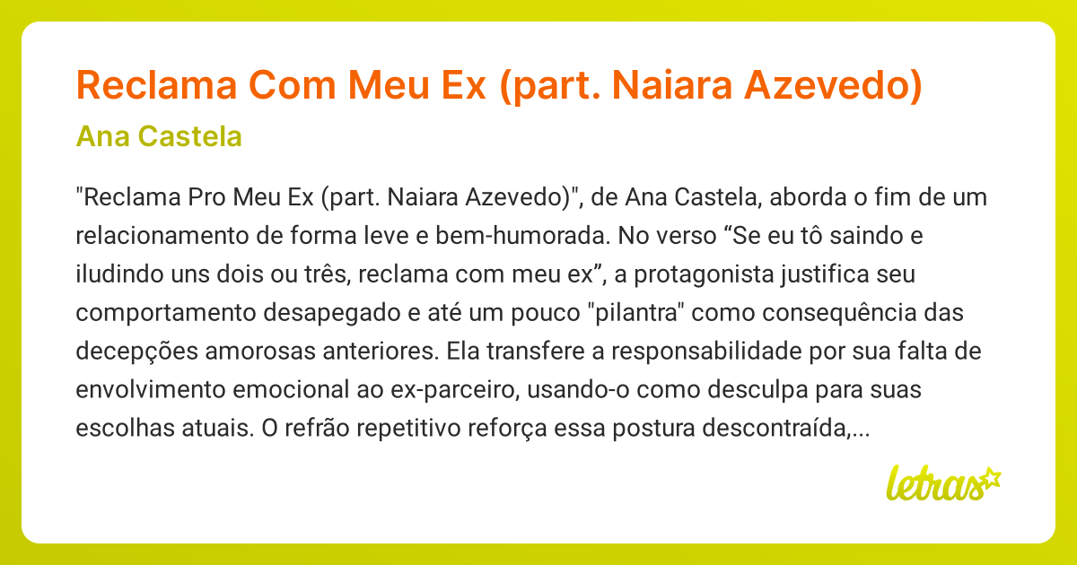 Significado da música Reclama Pro Meu Ex (part. Naiara Azevedo) (Ana ...
