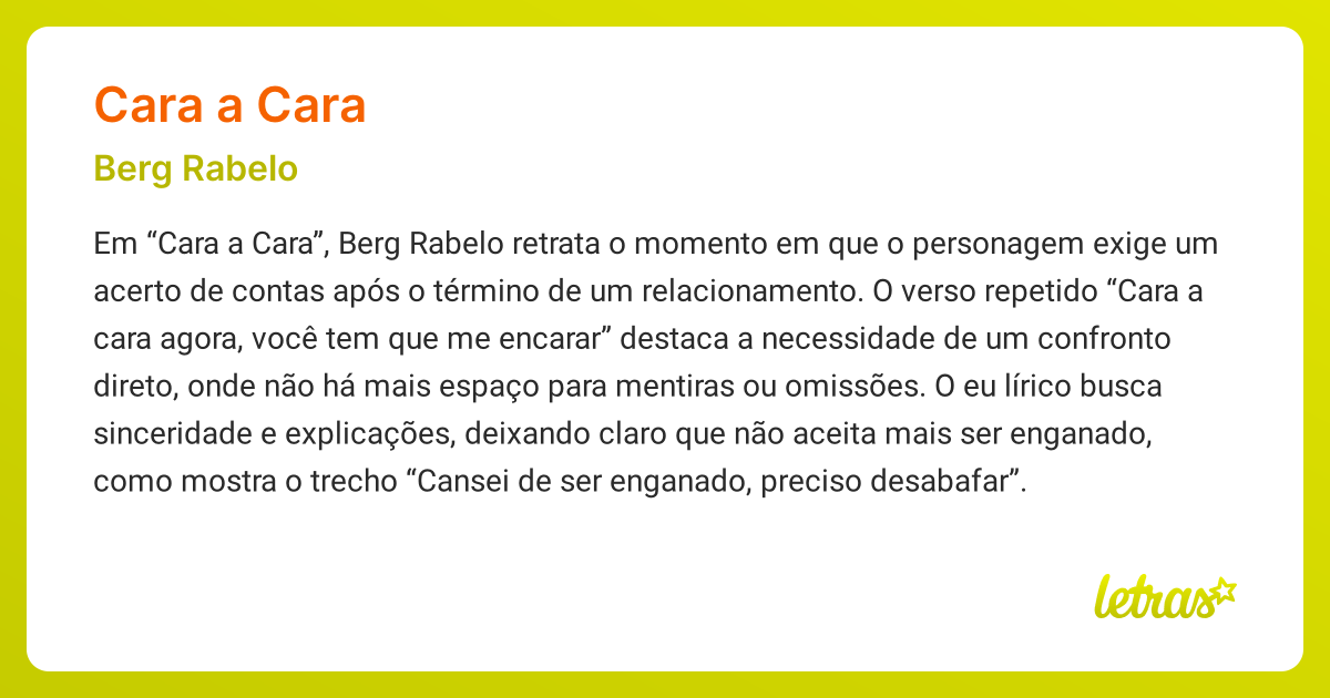 Significado da música CARA A CARA (Berg Rabelo) - LETRAS.MUS.BR