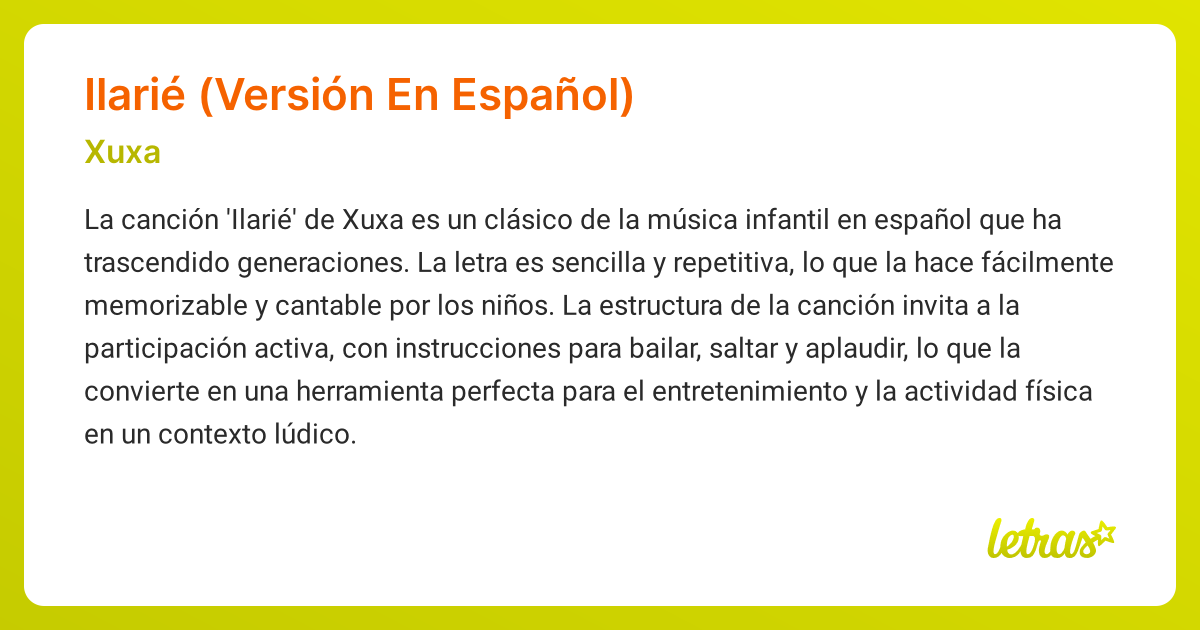 Significado de la canción ILARIÉ (VERSIÓN EN ESPAÑOL) (Xuxa) - LETRAS.COM