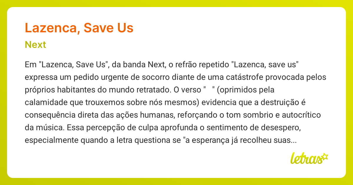Significado da música LAZENCA, SAVE US (Next) - LETRAS.MUS.BR