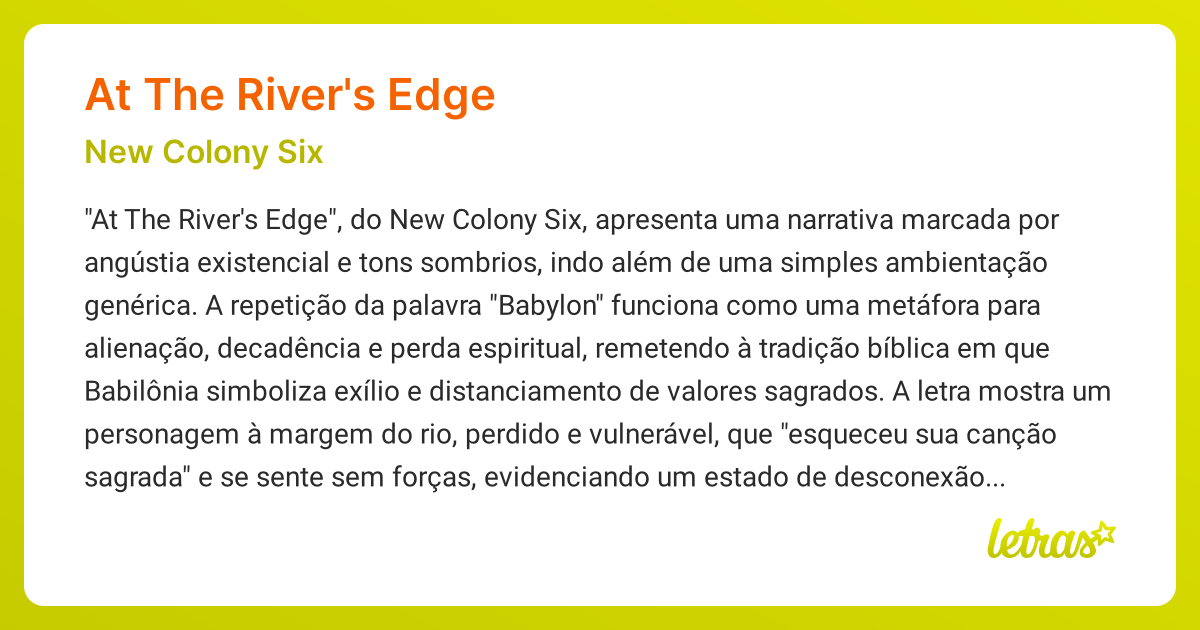 Significado da música AT THE RIVER'S EDGE (New Colony Six) - LETRAS.MUS.BR