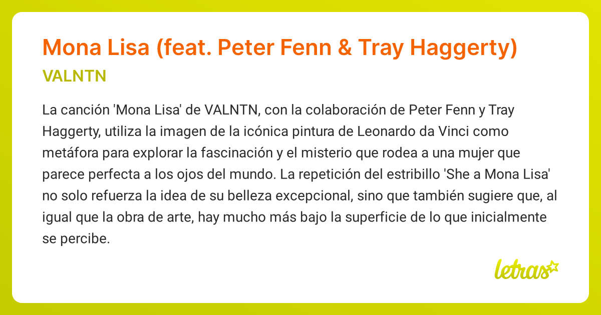 Significado de la canción Mona Lisa (feat. Peter Fenn & Tray Haggerty ...