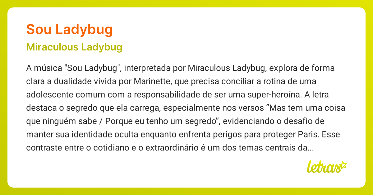 Significado da música SOU LADYBUG (Miraculous Ladybug) - LETRAS.MUS.BR