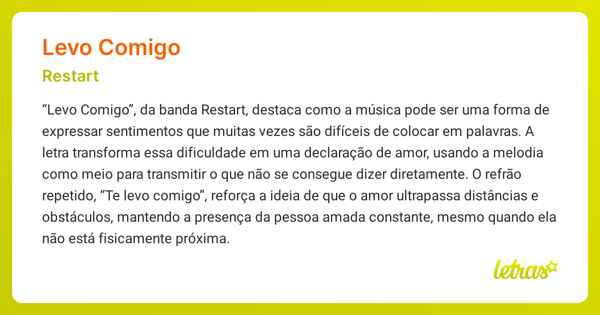 Significado da música LEVO COMIGO (Restart) - LETRAS.MUS.BR