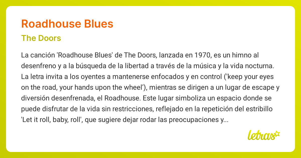 Significado de la canción ROADHOUSE BLUES (The Doors) - LETRAS.COM