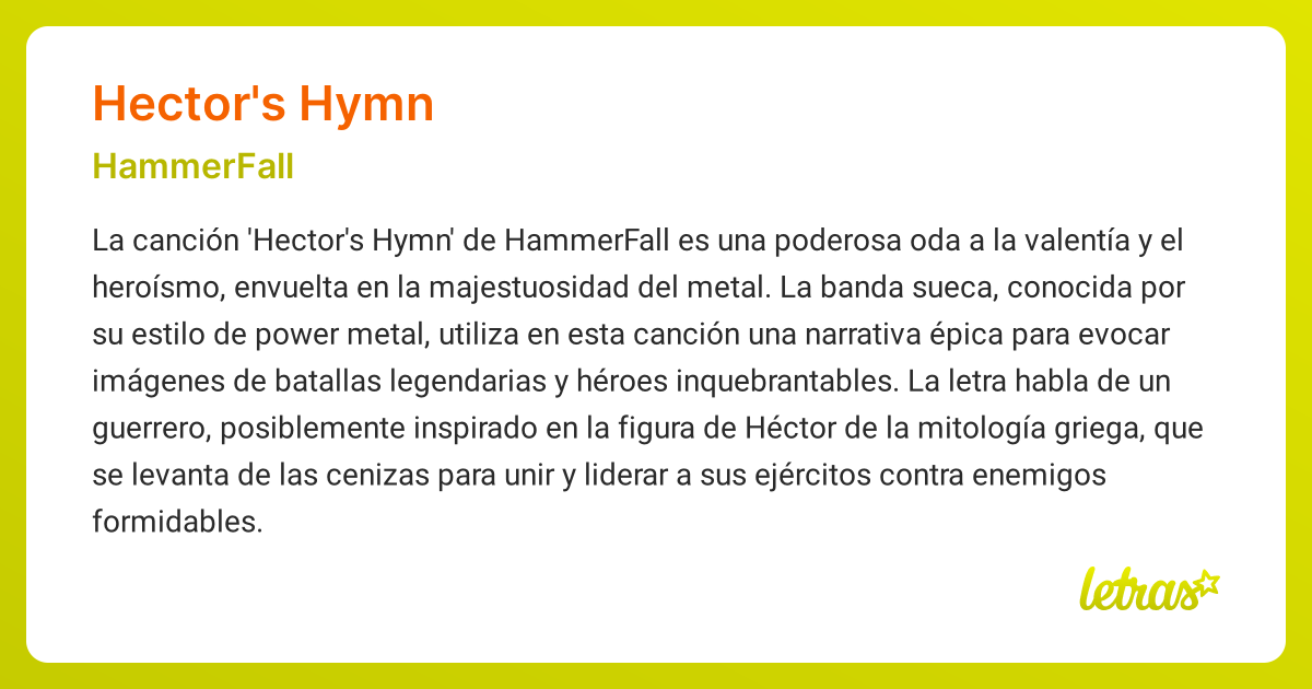 Significado de la canción HECTOR'S HYMN (HammerFall) - LETRAS.COM