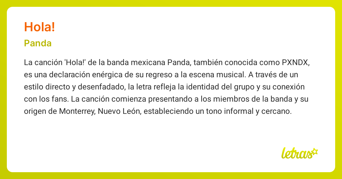 Significado de la canción HOLA! (Panda) - LETRAS.COM