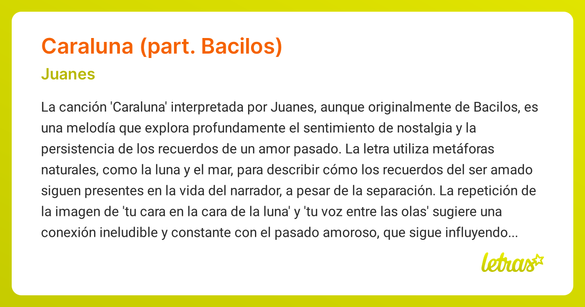 Significado de la canción CARALUNA (PART. BACILOS) (Juanes) - LETRAS.COM