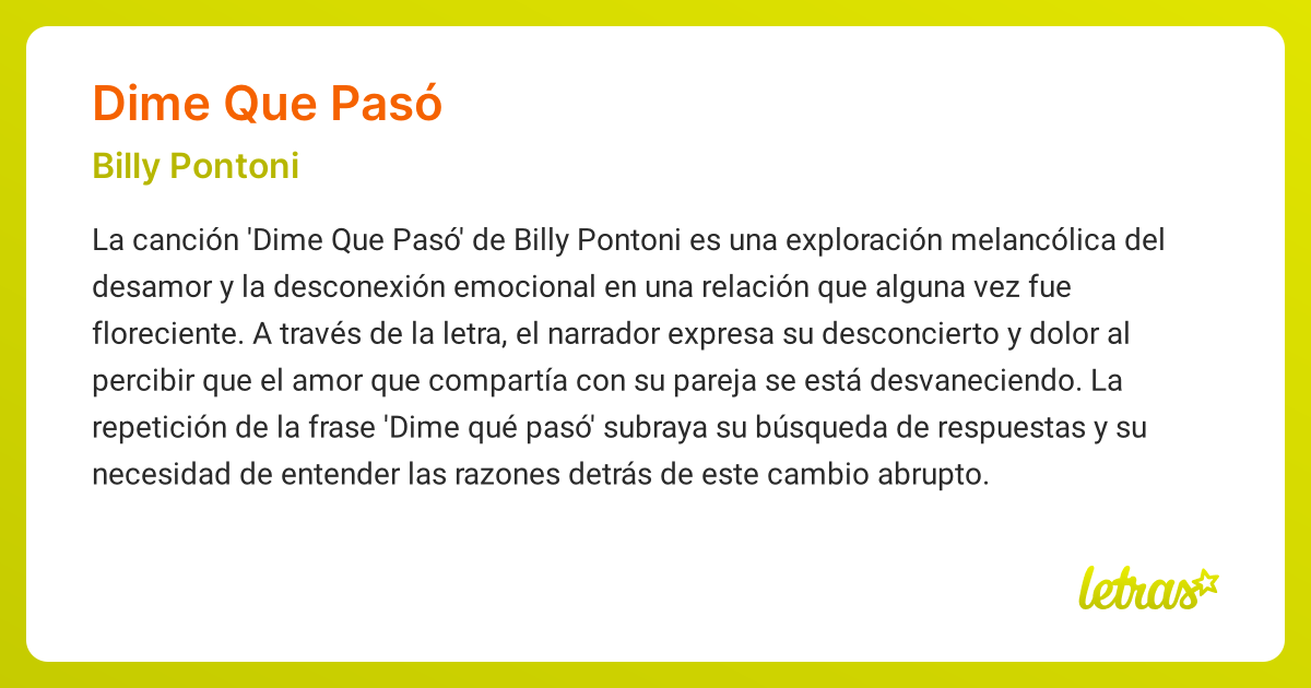 Significado de la canción DIME QUE PASÓ (Billy Pontoni) - LETRAS.COM