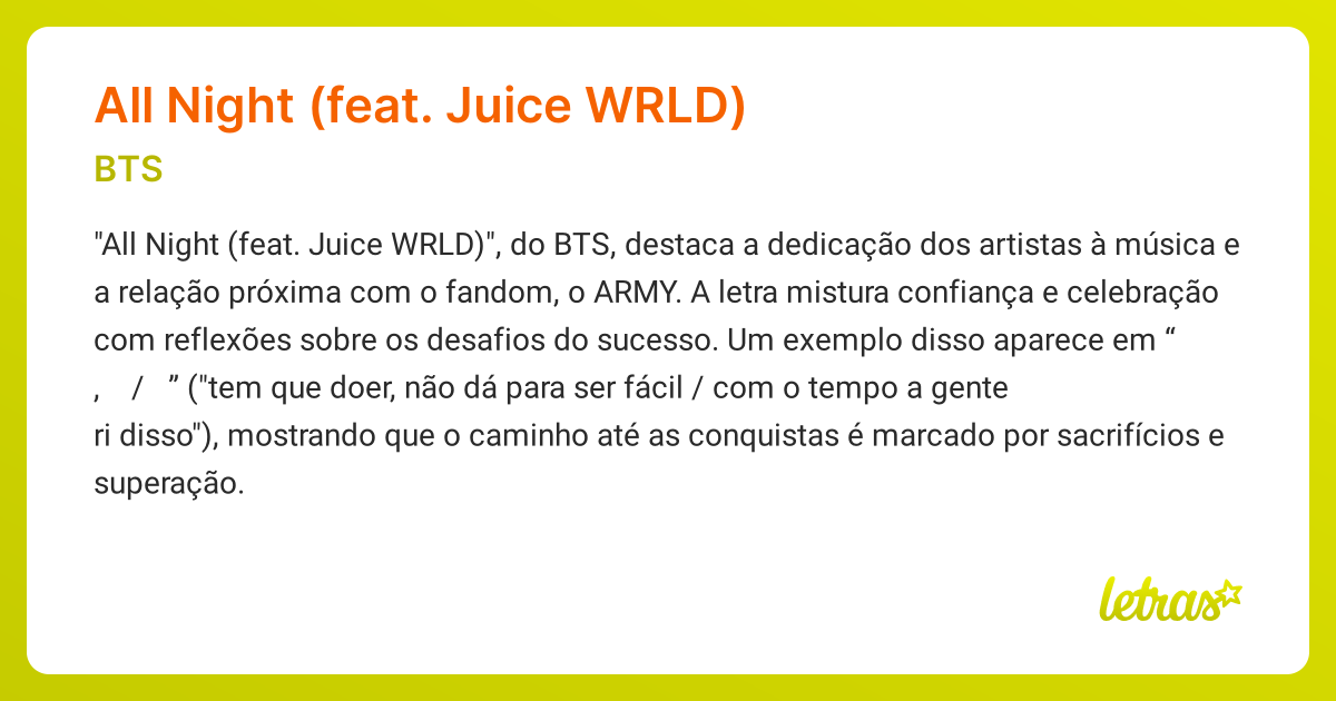 Significado da música ALL NIGHT (FEAT. JUICE WRLD) (BTS) - LETRAS.MUS.BR