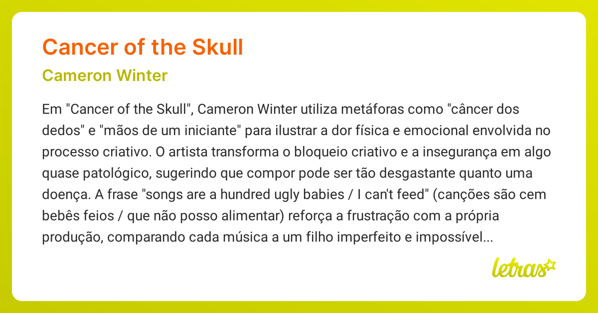 Significado da música CANCER OF THE SKULL (Cameron Winter) - LETRAS.MUS.BR