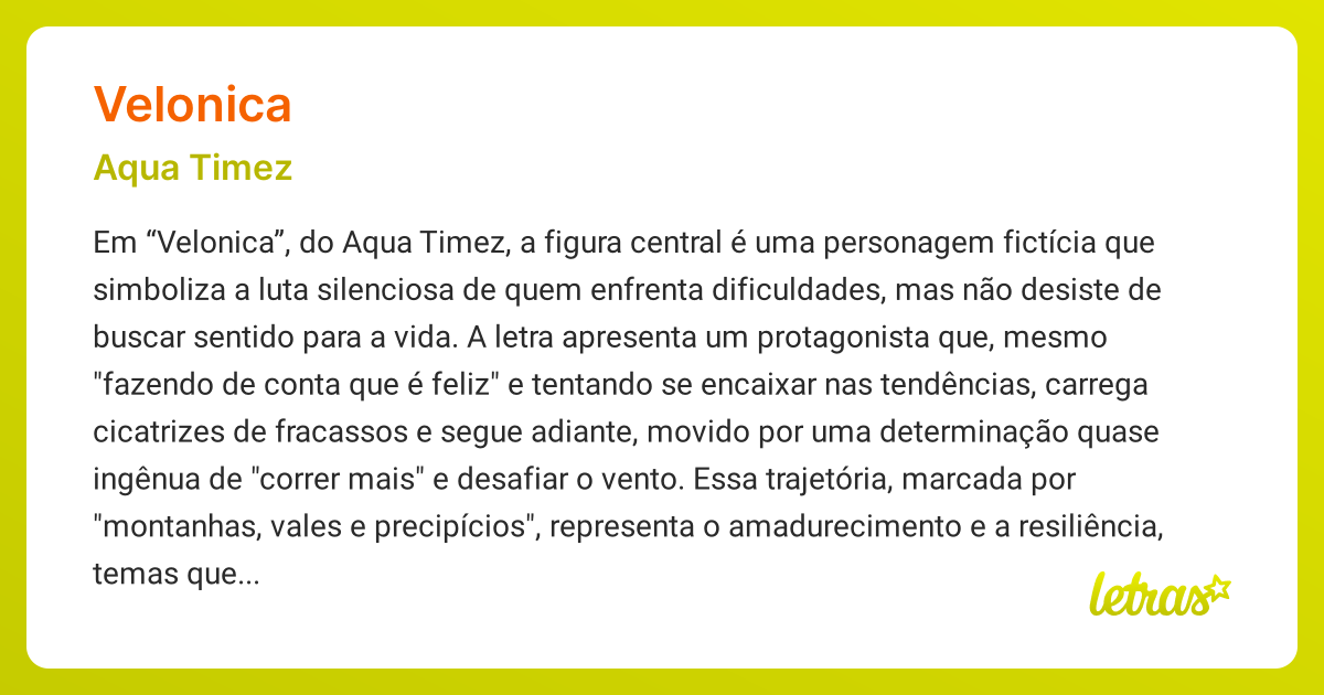 Significado da música VELONICA (Aqua Timez) - LETRAS.MUS.BR