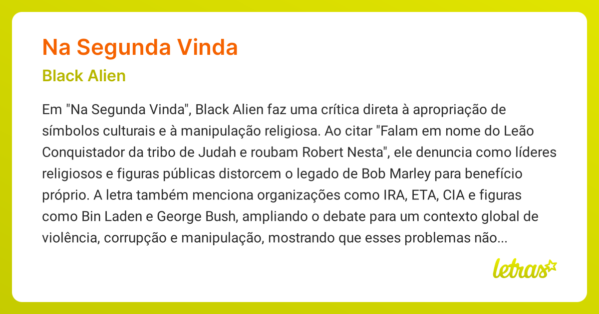 Significado da música NA SEGUNDA VINDA (Black Alien) - LETRAS.MUS.BR