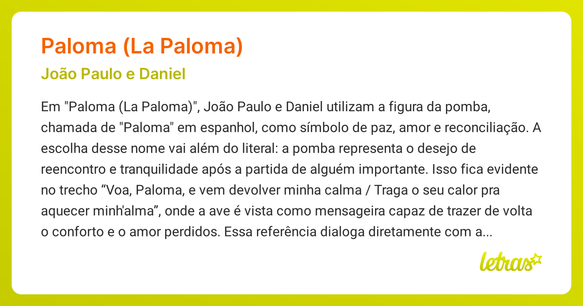 Significado da música PALOMA (LA PALOMA) (João Paulo e Daniel) - LETRAS ...