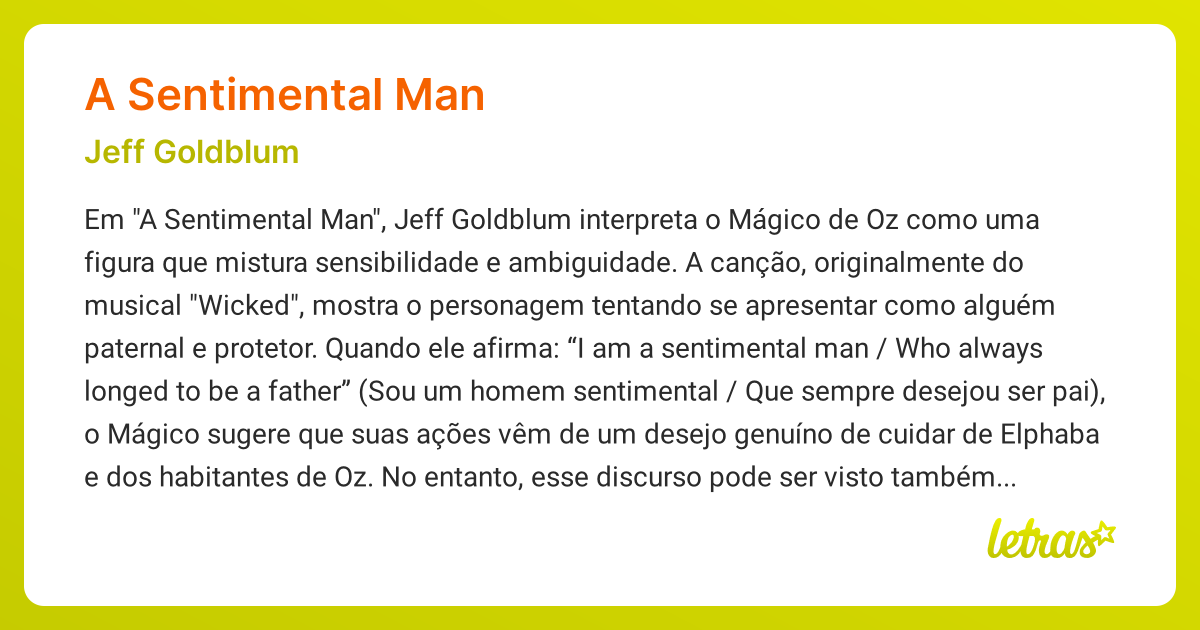 Significado da música A SENTIMENTAL MAN (Jeff Goldblum) - LETRAS.MUS.BR