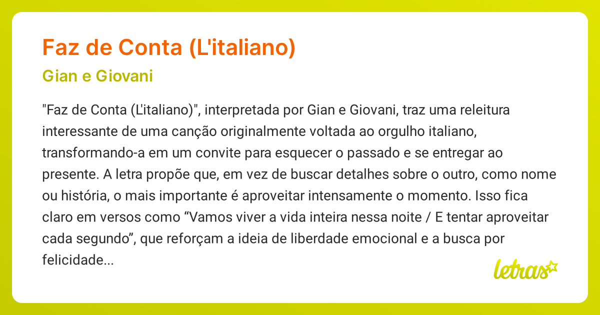 Significado da música FAZ DE CONTA (L'ITALIANO) (Gian e Giovani ...