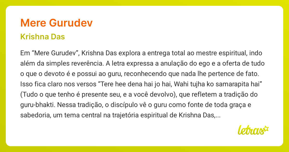 Significado da música MERE GURUDEV (Krishna Das) - LETRAS.MUS.BR