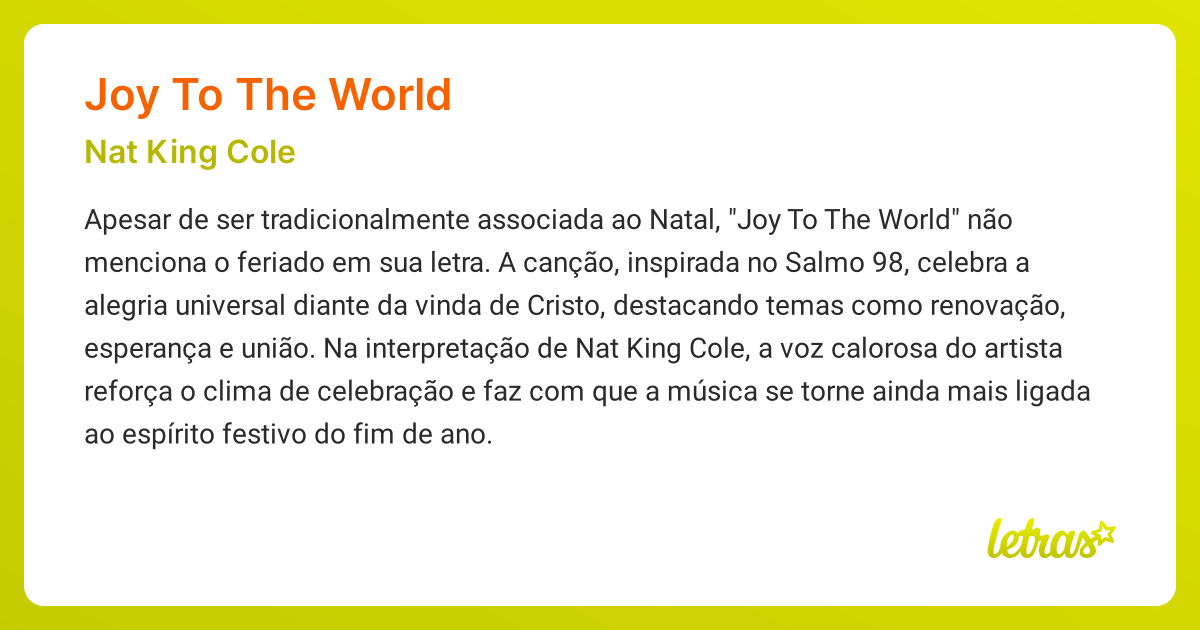 Significado da música JOY TO THE WORLD (Nat King Cole) - LETRAS.MUS.BR