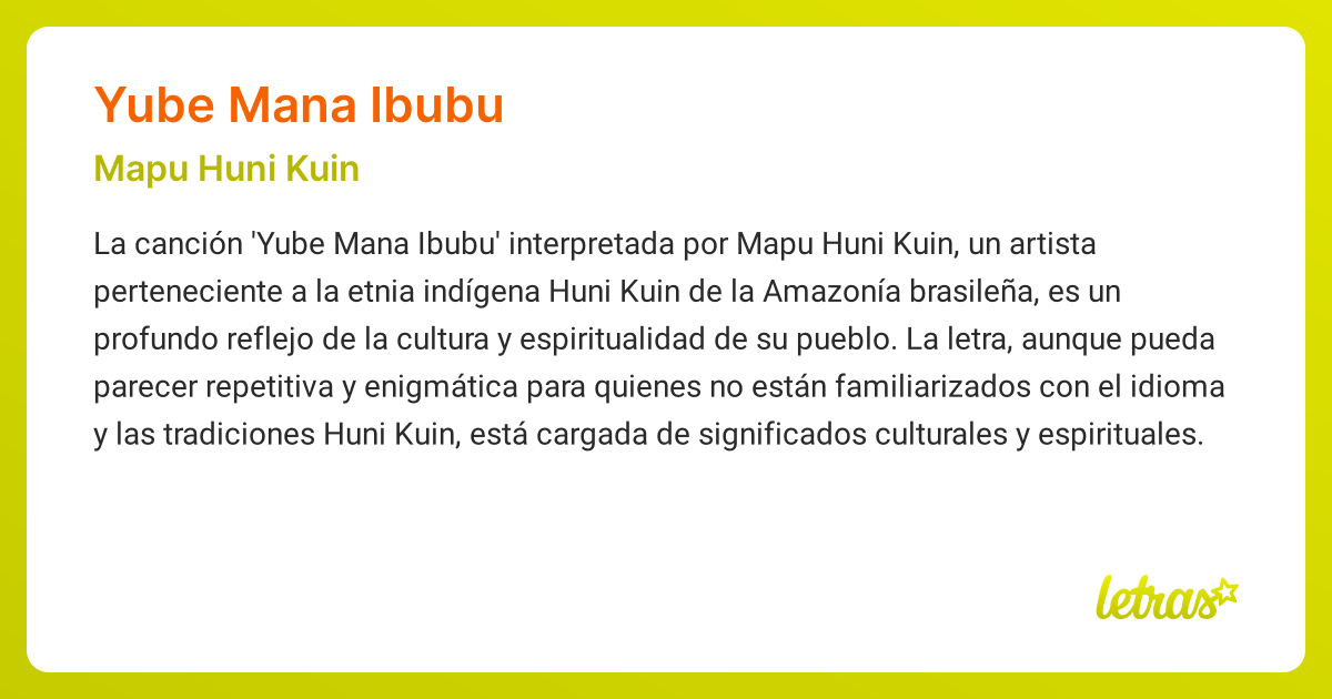 Significado de la canción YUBE MANA IBUBU (Mapu Huni Kuin) - LETRAS.COM